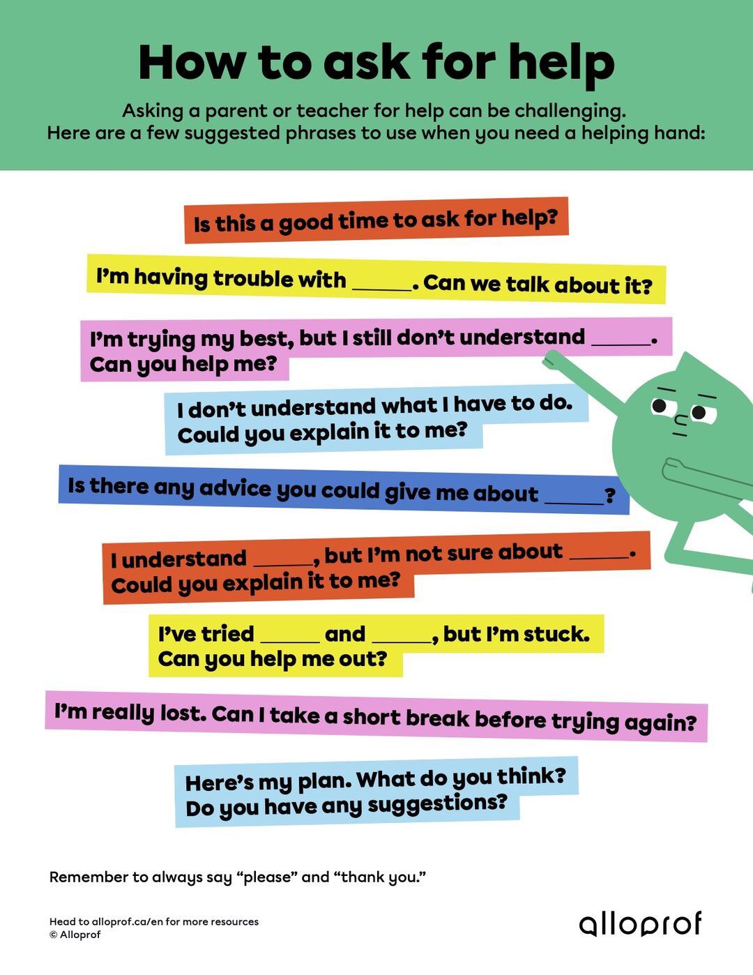 Phrases for learning to ask for help | Alloprof