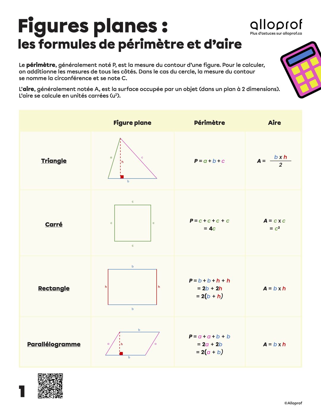 Les formules de périmètre et d’aire des figures planes | Affiche | Alloprof