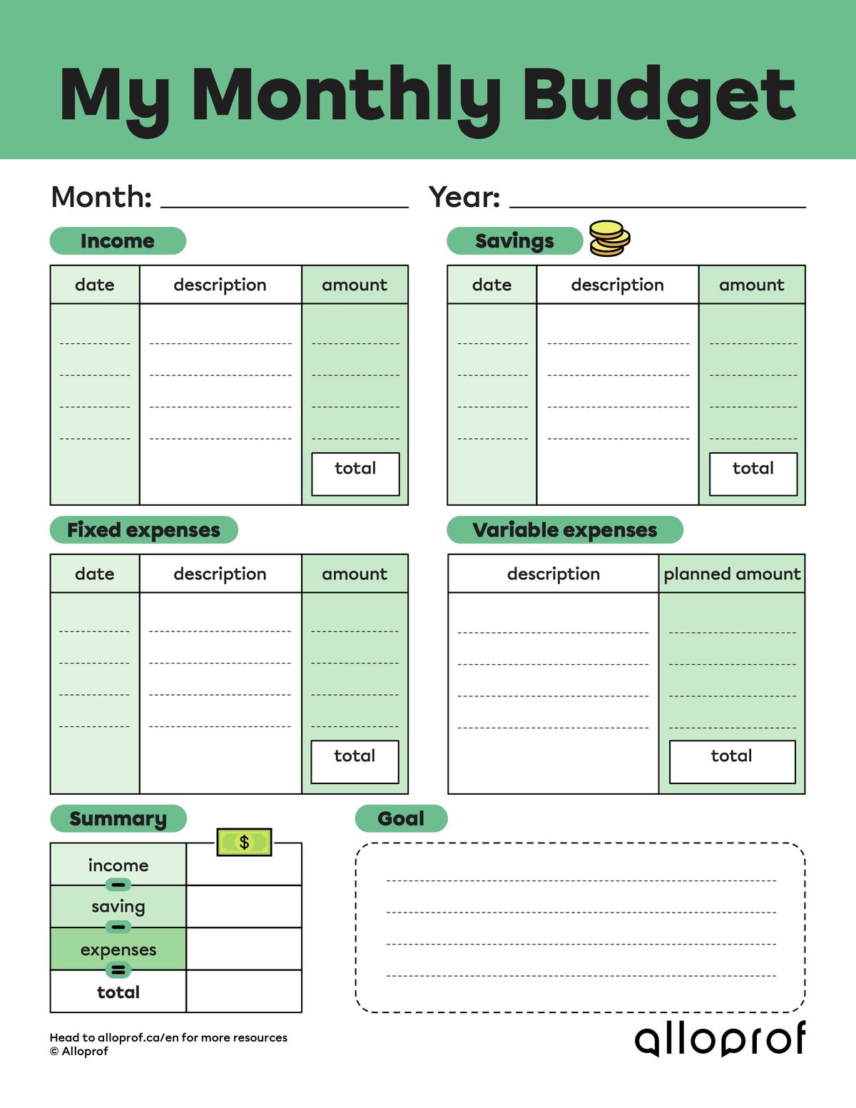 Printable Tool: My Monthly Budget | Alloprof