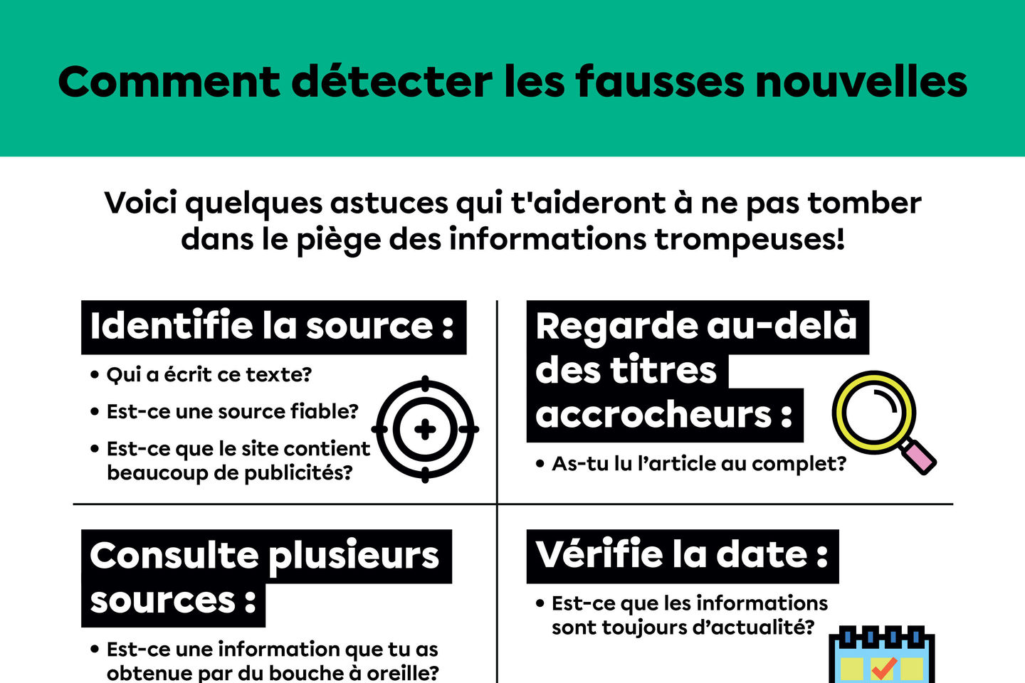 Affiche : Comment détecter les fausses nouvelles | Alloprof