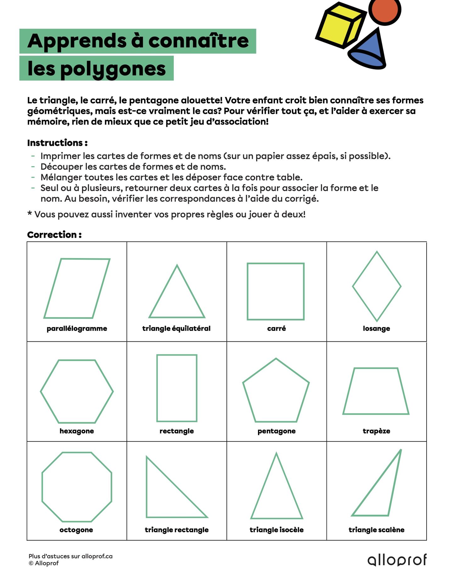 Jeu pédagogique : apprendre à reconnaitre les polygones | Alloprof