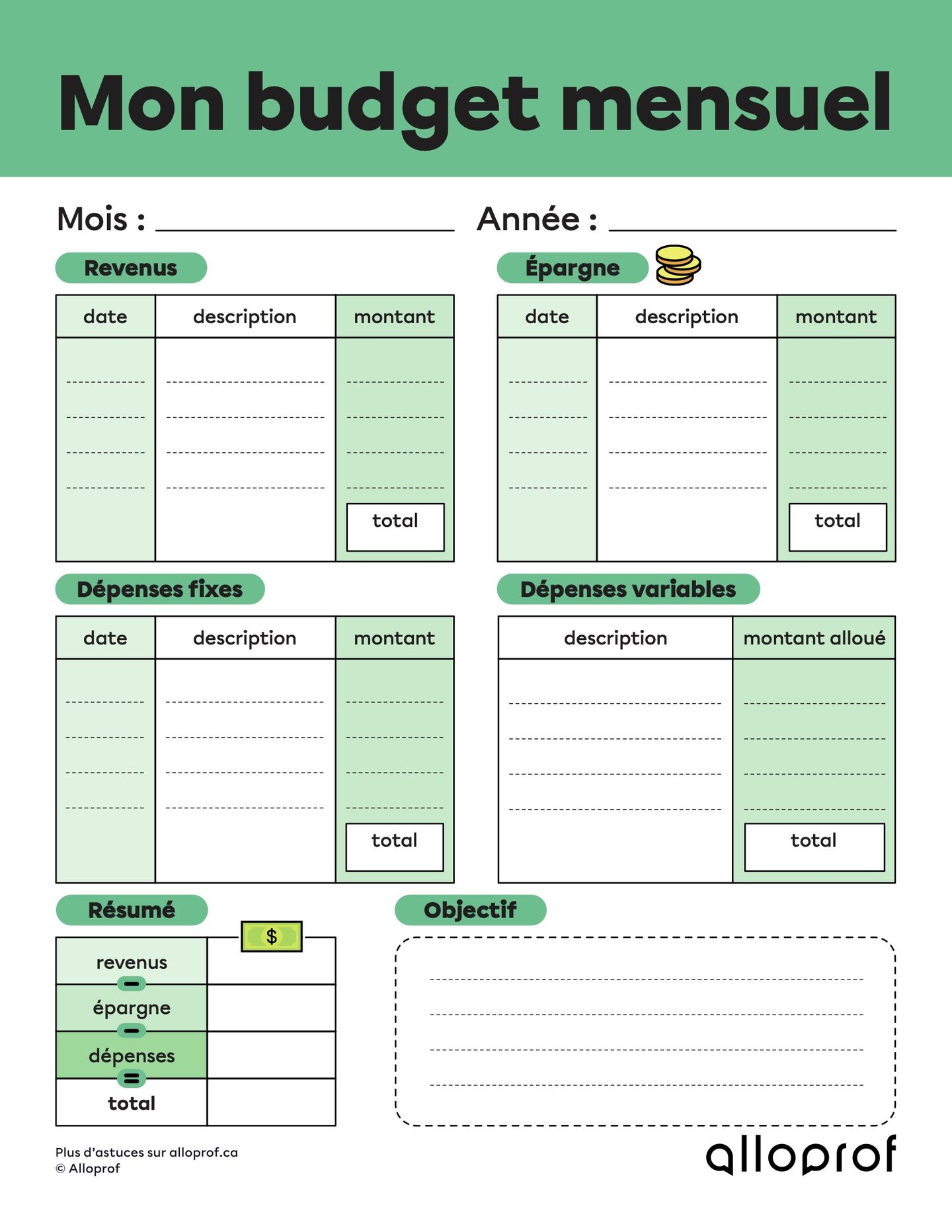 Outil : Mon budget mensuel | Alloprof