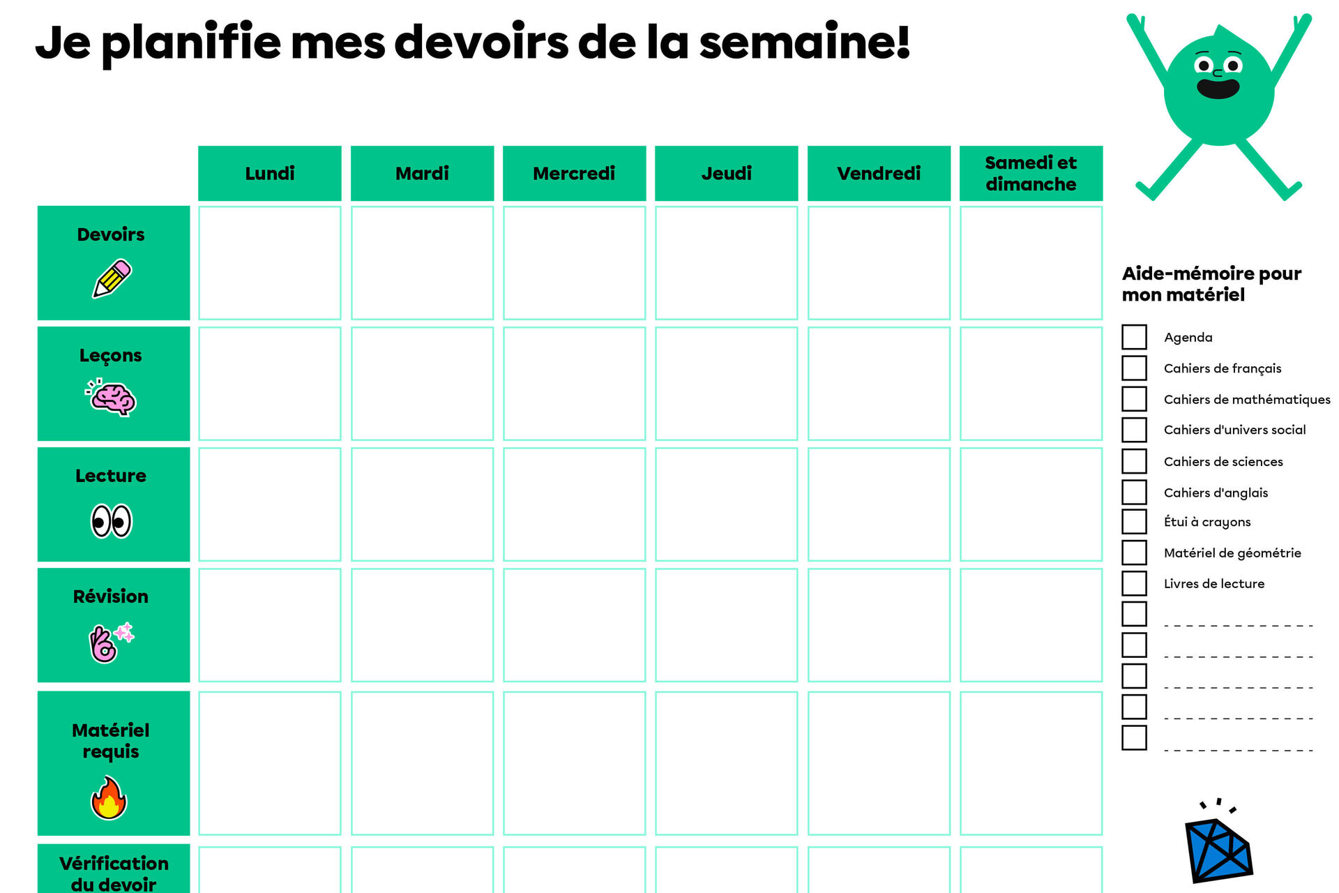 Outil pour planifier ses devoirs de la semaine | Alloprof