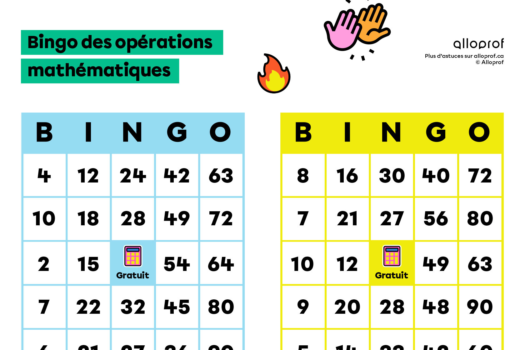 Jeu pédagogique : Bingo des opérations mathématiques | Alloprof