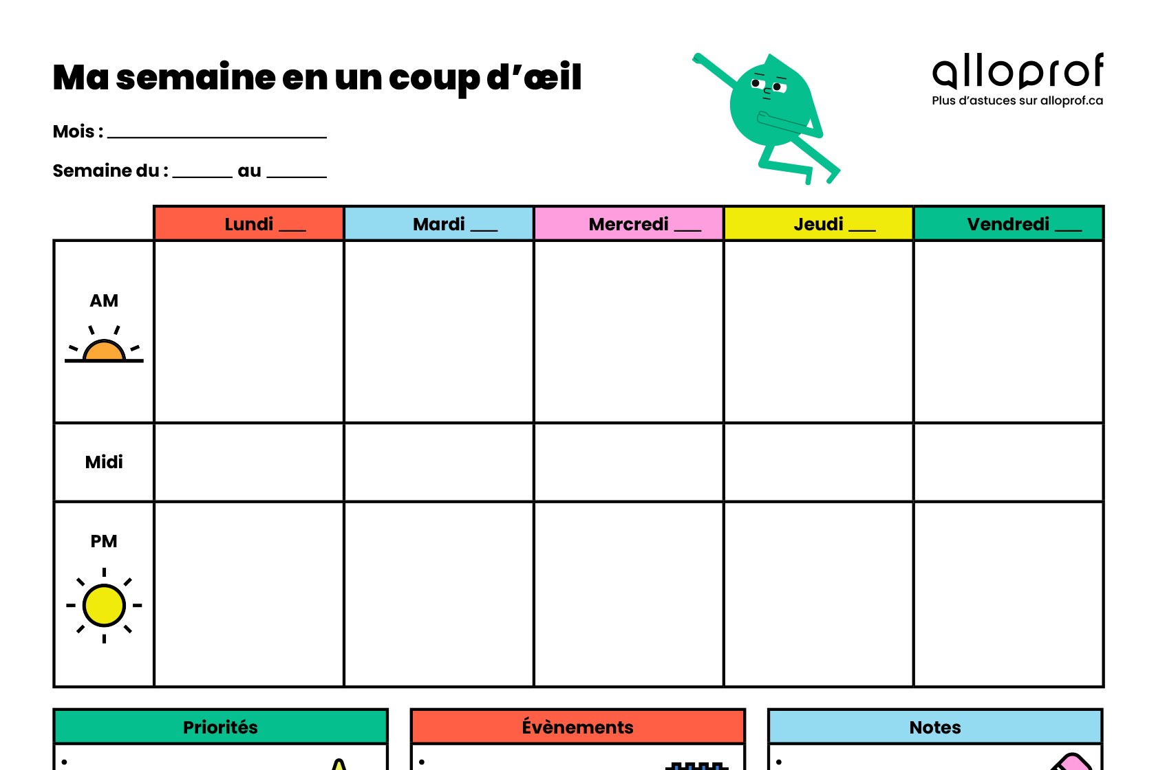 Planificateur hebdomadaire pour la classe | Alloprof