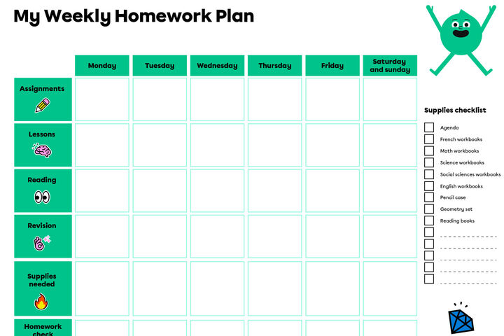 Tool to plan homework for the week | Alloprof